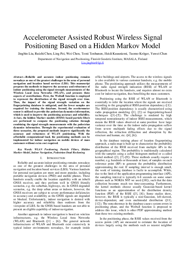 Pdf Accelerometer Assisted Robust Wireless Signal Positioning Based On A Hidden Markov Model