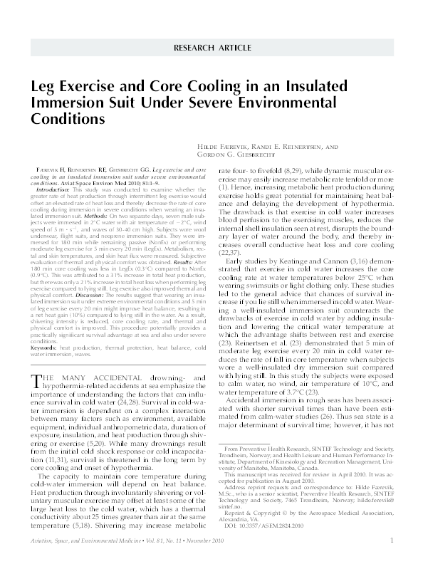 (PDF) Leg Exercise and Core Cooling in an Insulated Immersion Suit ...