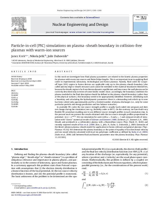 (PDF) Particle-in-cell (PIC) simulations on plasma–sheath boundary in collision-free plasmas ...