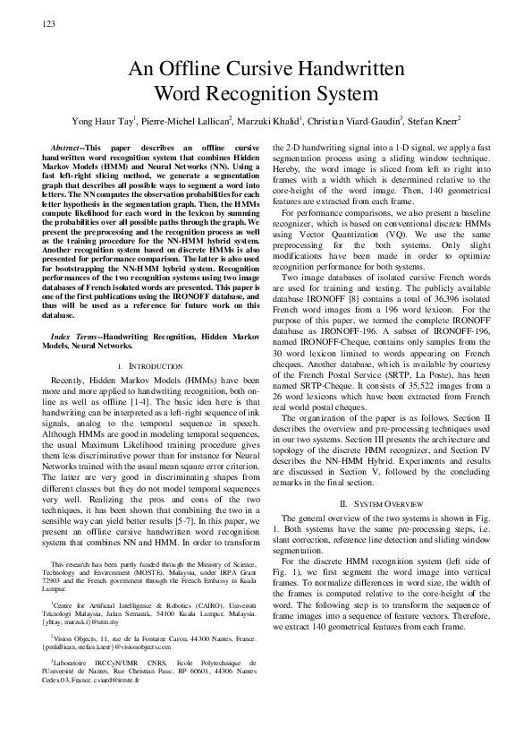 Pdf An Offline Cursive Handwritten Word Recognition System
