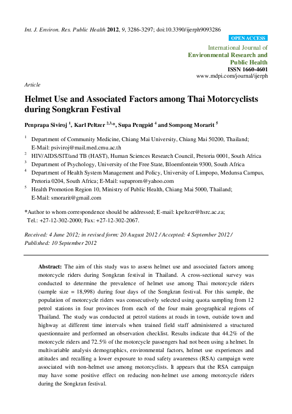 (PDF) Helmet Use and Associated Factors among Thai Motorcyclists during Songkran Festival