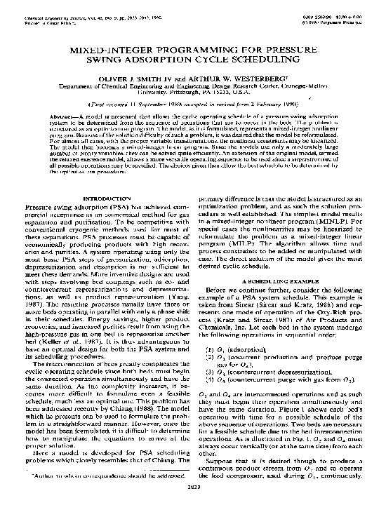 Pdf Mixed Integer Programming For Pressure Swing Adsorption Cycle