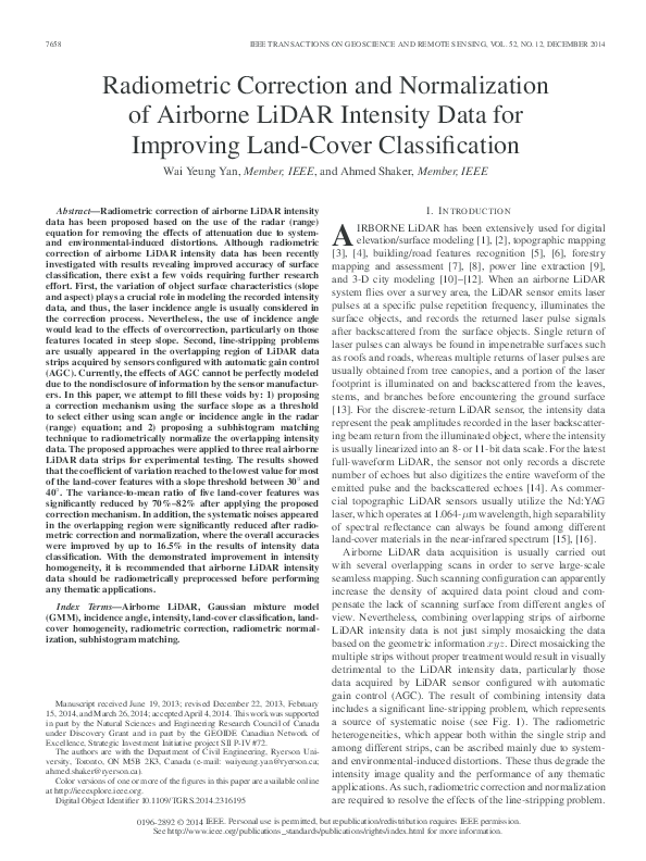 Pdf Radiometric Correction And Normalization Of Airborne Lidar Intensity Data For Improving
