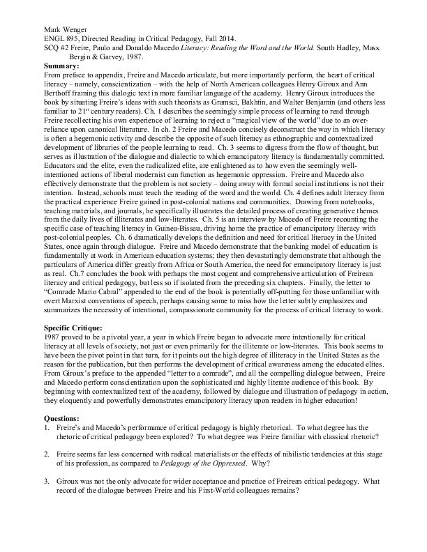 (PDF) SCQ on Freire & Macedo's "Literacy: Reading the Word and the ...