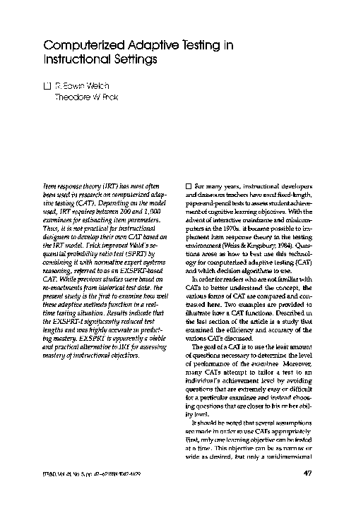 (PDF) Computerized adaptive testing in instructional settings