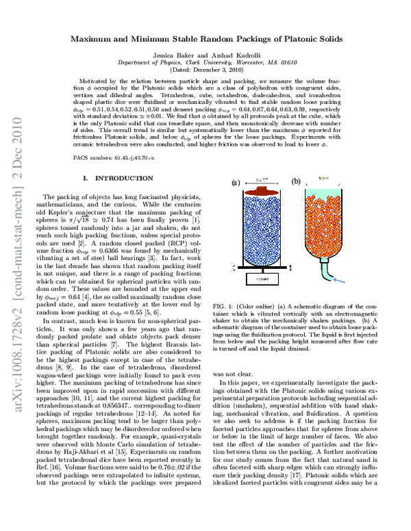 (PDF) Maximum and minimum stable random packings of Platonic solids