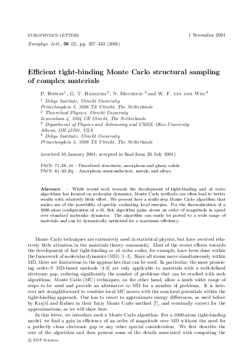 (PDF) Efficient tight-binding Monte Carlo structural sampling of complex materials