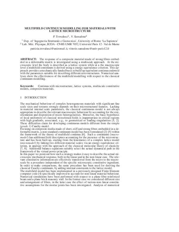 (PDF) MULTIFIELD CONTINUUM MODELLING FOR MATERIALS WITH LATTICE MICROSTRUCTURE