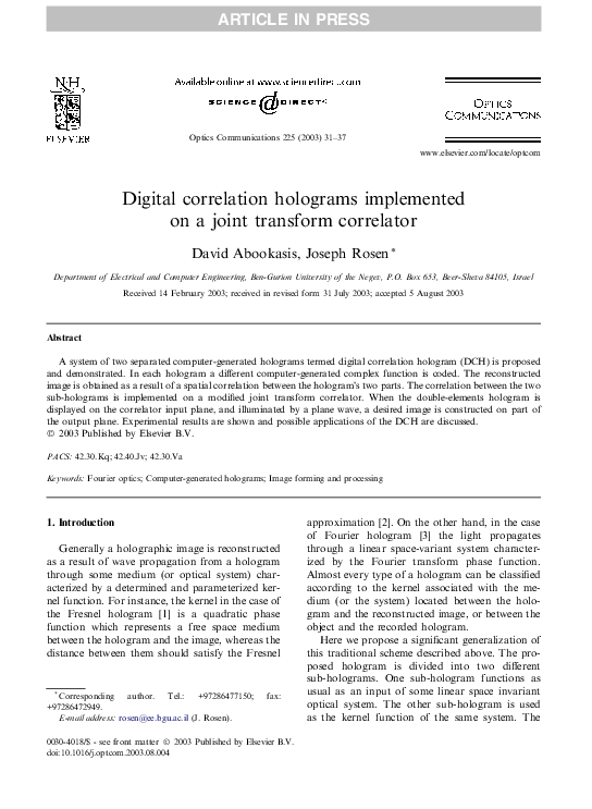 (PDF) Digital correlation holograms implemented on a joint transform correlator