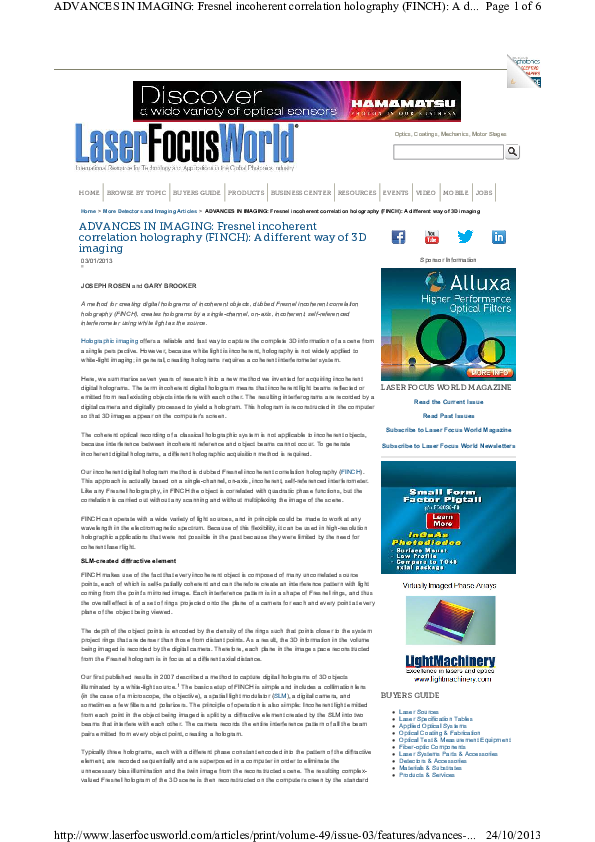 Pdf Fresnel Incoherent Correlation Holography Finch A Review Of Research