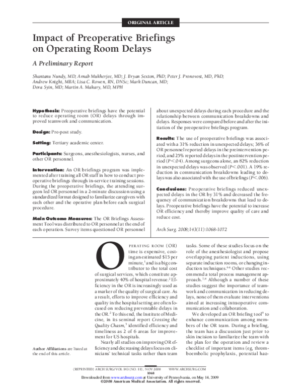 (PDF) Impact of Preoperative Briefings on Operating Room Delays