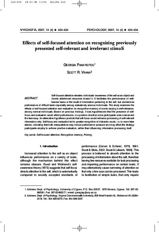 Pdf Self Focused Attention And Stimulus Recognition