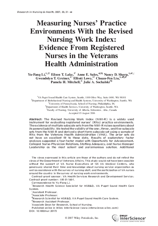 (PDF) Measuring nurses' practice environments with the revised nursing ...