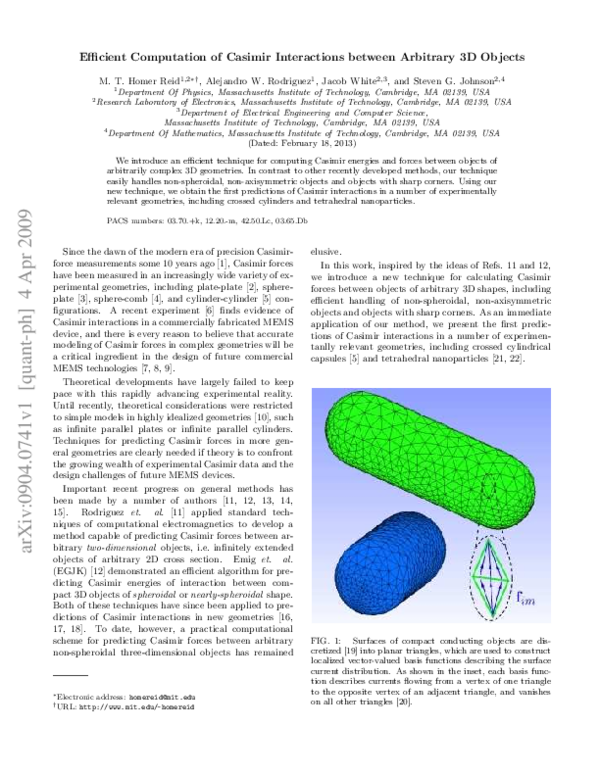 Pdf Efficient Computation Of Casimir Interactions Between Arbitrary 3d Objects M T Homer