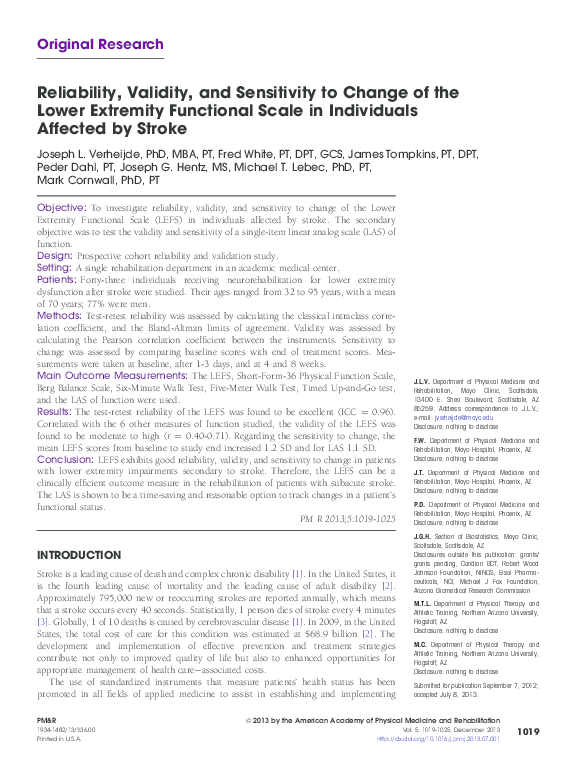 (PDF) Reliability, Validity, and Sensitivity to Change of the Lower Extremity Functional Scale ...