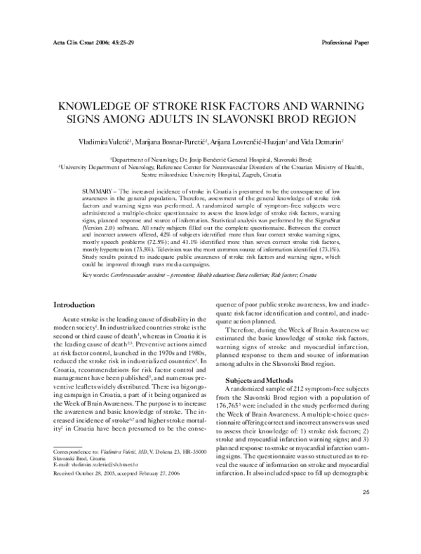 (PDF) Knowledge of stroke risk factors and warning signs in Ireland ...