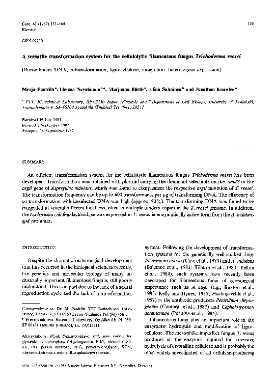 (PDF) A versatile transformation system for the cellulolytic filamentous fungus Trichoderma reesei