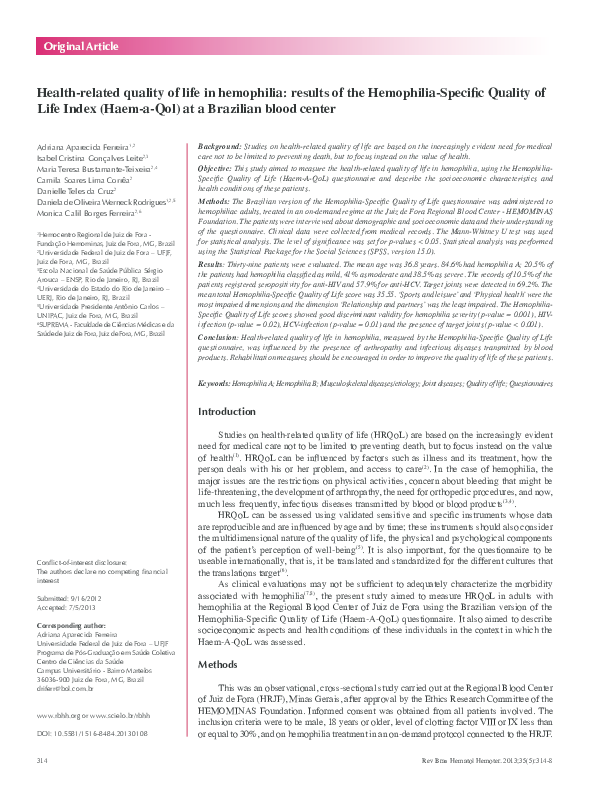 (PDF) Health-related quality of life in hemophilia: results of the hemophilia-Specific quality ...