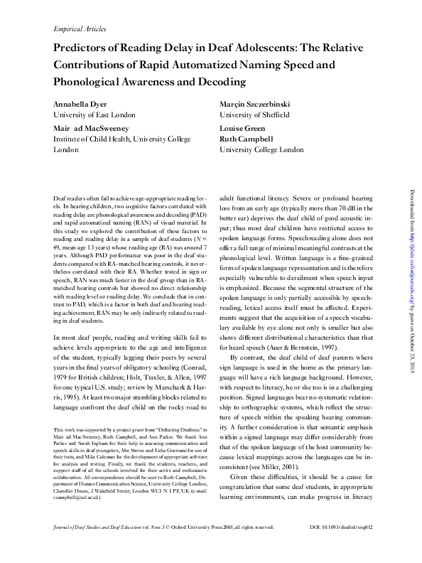 (PDF) Predictors of Reading Delay in Deaf Adolescents: The Relative Contributions of Rapid ...