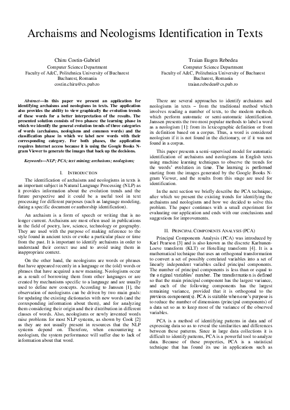 (PDF) Archaisms and neologisms identification in texts