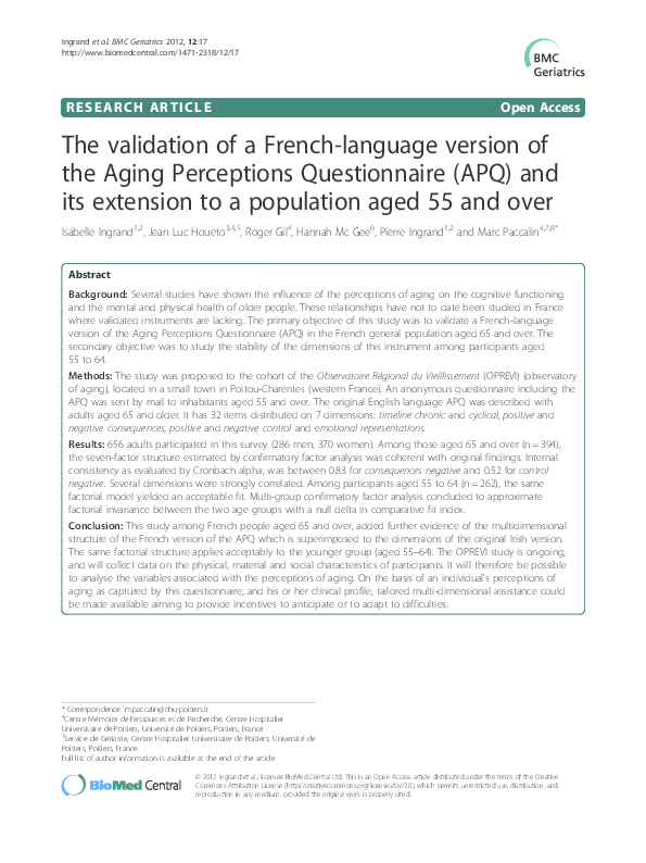 (PDF) The validation of a French-language version of the Aging Perceptions Questionnaire (APQ ...