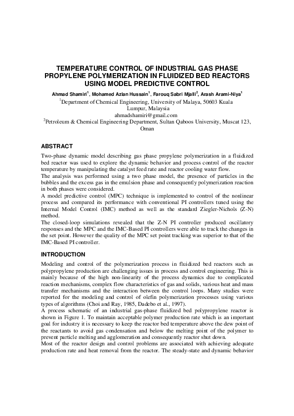 Pdf Temperature Control Of Industrial Gas Phase Propylene Polymerization In Fluidized Bed