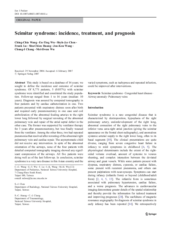 (PDF) Scimitar syndrome: incidence, treatment, and prognosis | En-ting ...