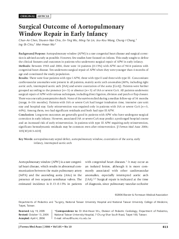 (PDF) Surgical Outcome of Aortopulmonary Window Repair in Early Infancy