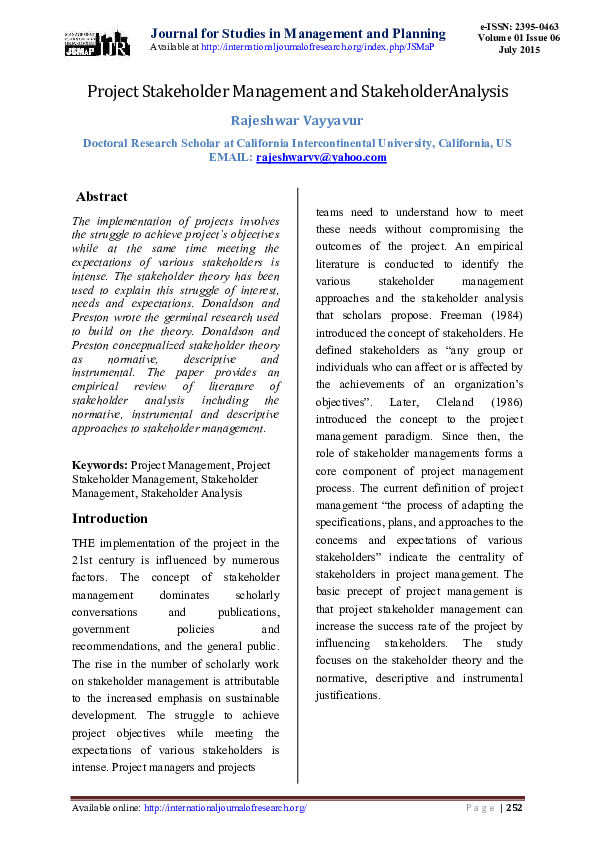 (PDF) Project Stakeholder Management and StakeholderAnalysis