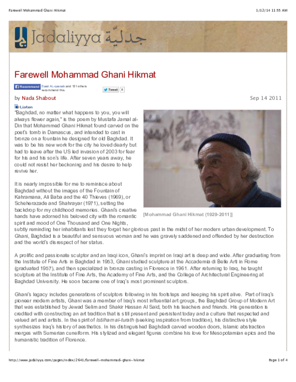 (PDF) Farewell Mohammed Ghani Hikmat | Nada Shabout - Academia.edu
