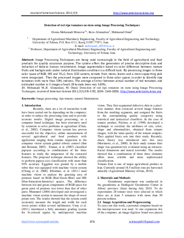 (PDF) Detection of red ripe tomatoes on stem using Image Processing Techniques