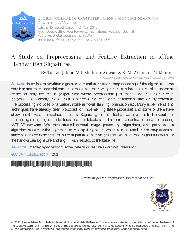 (PDF) A Study on Preprocessing and Feature Extraction in offline ...