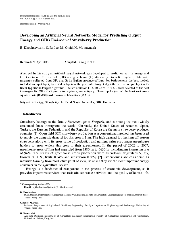 Pdf Developing An Artificial Neural Networks Model For Predicting Output Energy And Ghg