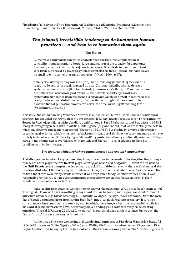 (PDF) The (almost) irresistible tendency to de-humanize human practices ...