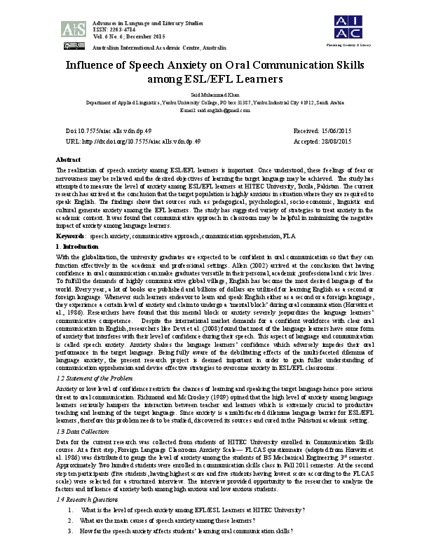 (PDF) Influence of Speech Anxiety on Oral Communication Skills among ...