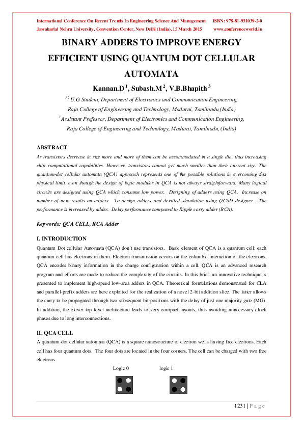 (PDF) BINARY ADDERS TO IMPROVE ENERGY EFFICIENT USING QUANTUM DOT CELLULAR AUTOMATA