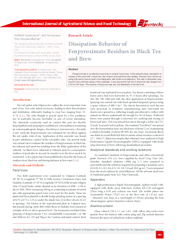 (PDF) Dissipation Behavior of Fenpyroximate Residues in Black Tea and Brew