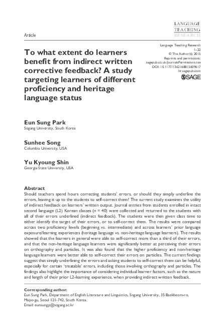 (PDF) To what extent do learners benefit from indirect written corrective feedback?