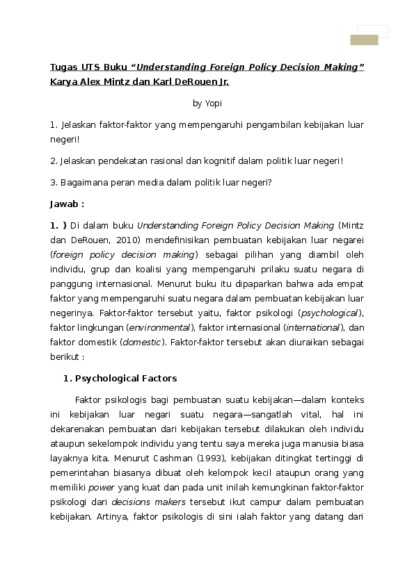 (DOC) Tugas UTS Buku “Understanding Foreign Policy Decision Making ...