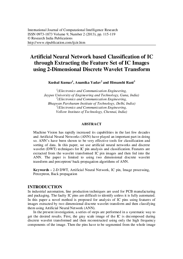 (PDF) Artificial Neural Network based Classification of IC through Extracting the Feature Set of ...