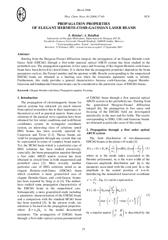 (PDF) PROPAGATION PROPERTIES OF ELEGANT HERMITE-COSH-GAUSSIAN LASER BEAMS | Abdelmajid BELAFHAL ...