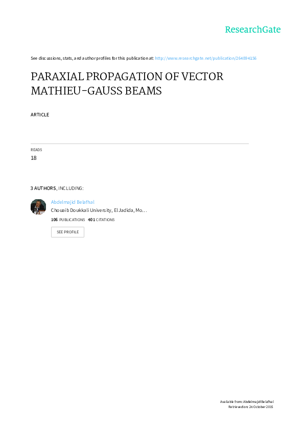 (PDF) PARAXIAL PROPAGATION OF VECTOR MATHIEU-GAUSS BEAMS