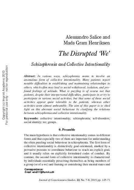 (PDF) The Disrupted 'We'. Schizophrenia and Collective Intentionality