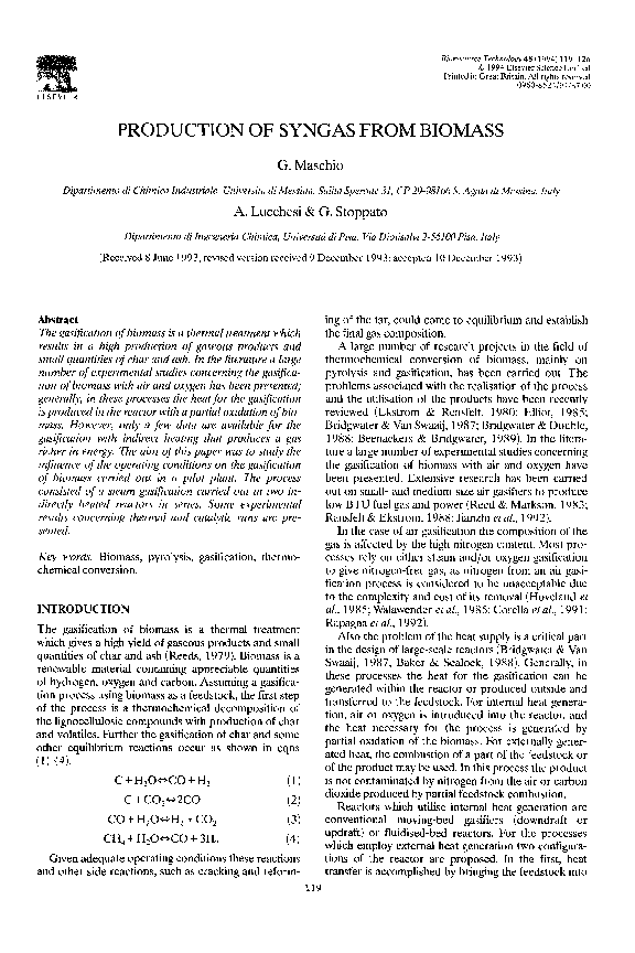 (PDF) Production of syngas from biomass