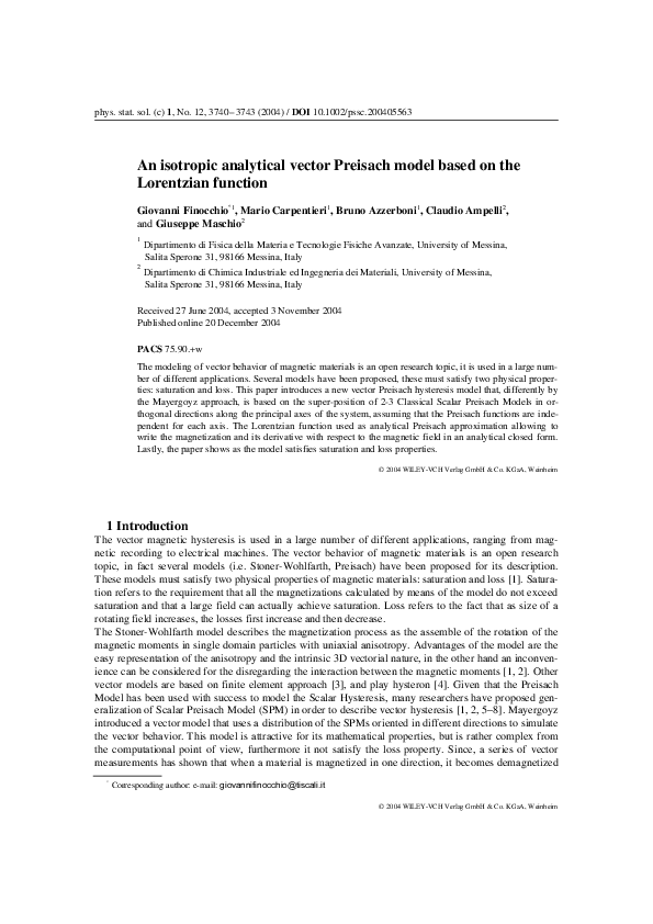 (PDF) An isotropic analytical vector Preisach model based on the Lorentzian function