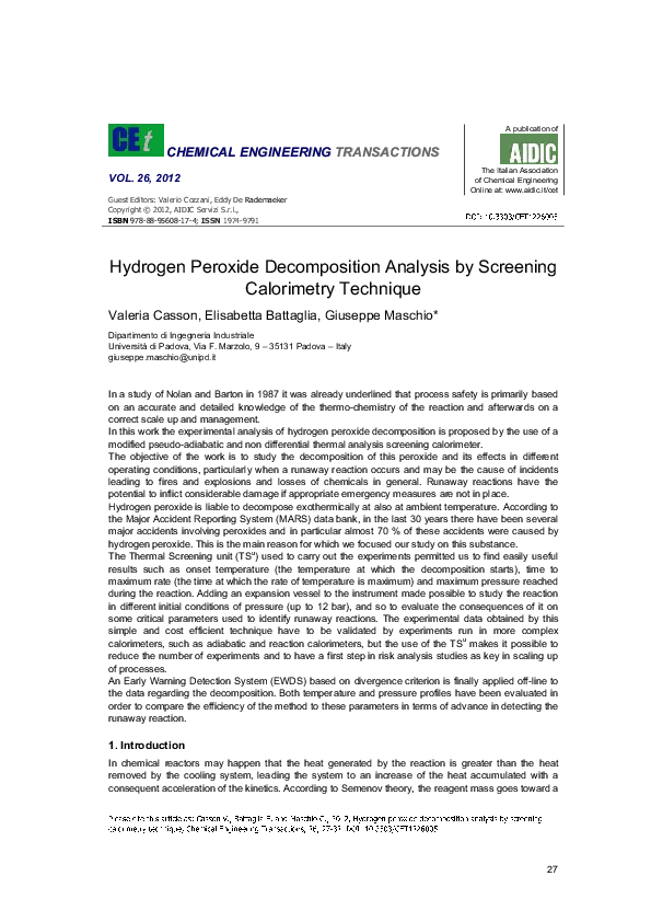 (PDF) Hydrogen peroxide decomposition analysis by screening calorimetry ...