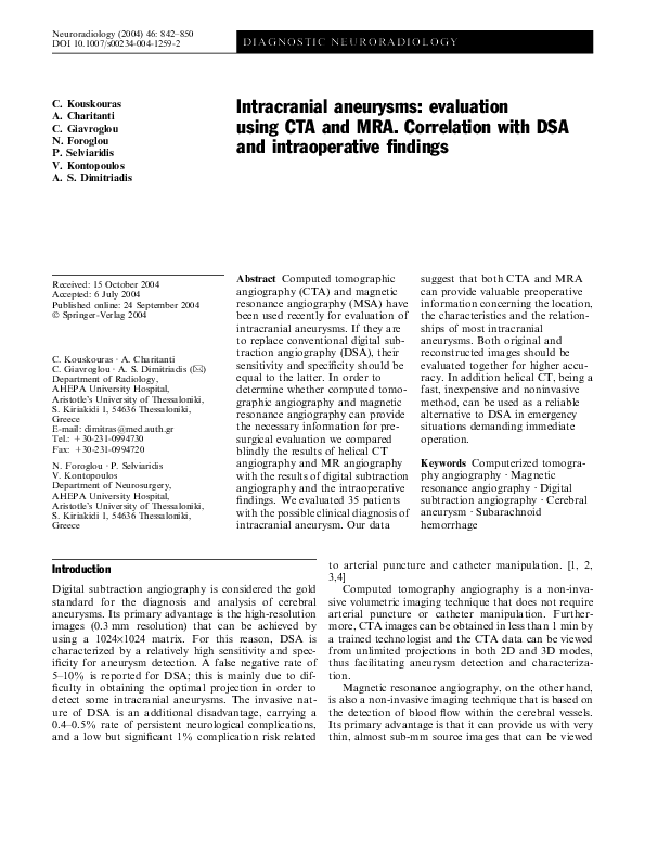 Pdf Intracranial Aneurysms Evaluation Using Cta And Mra Correlation With Dsa And