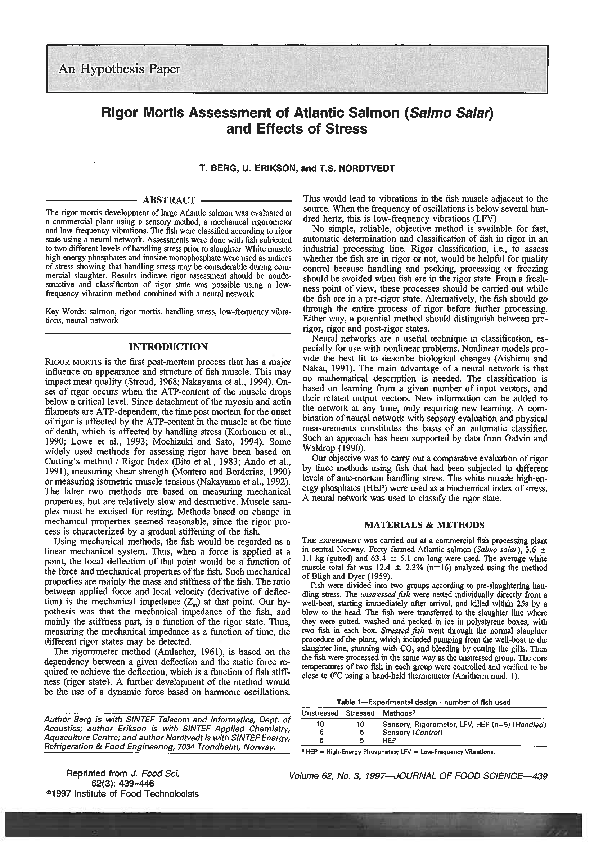 (PDF) Rigor Mortis Assessment of Atlantic Salmon (Salmo Salar) and ...