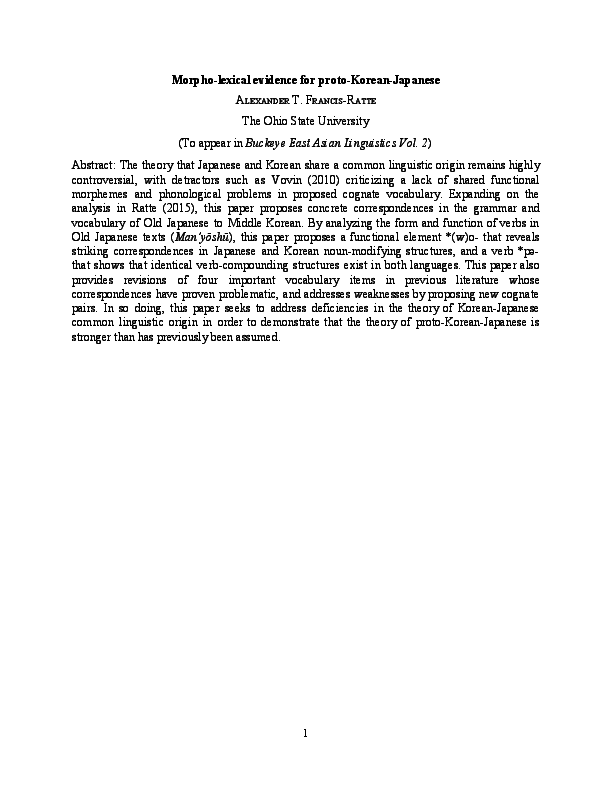 (PDF) Morpho-lexical Evidence for Proto-Korean-Japanese