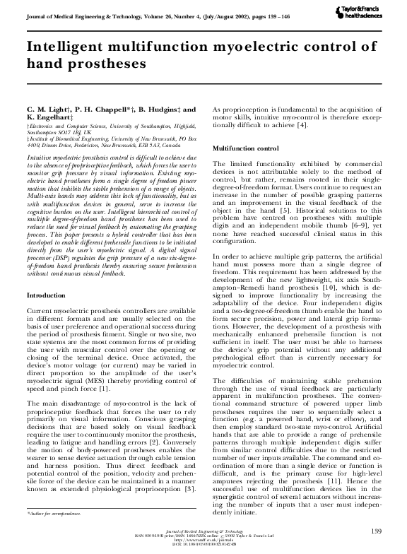 (PDF) Intelligent multifunction myoelectric control of hand prostheses